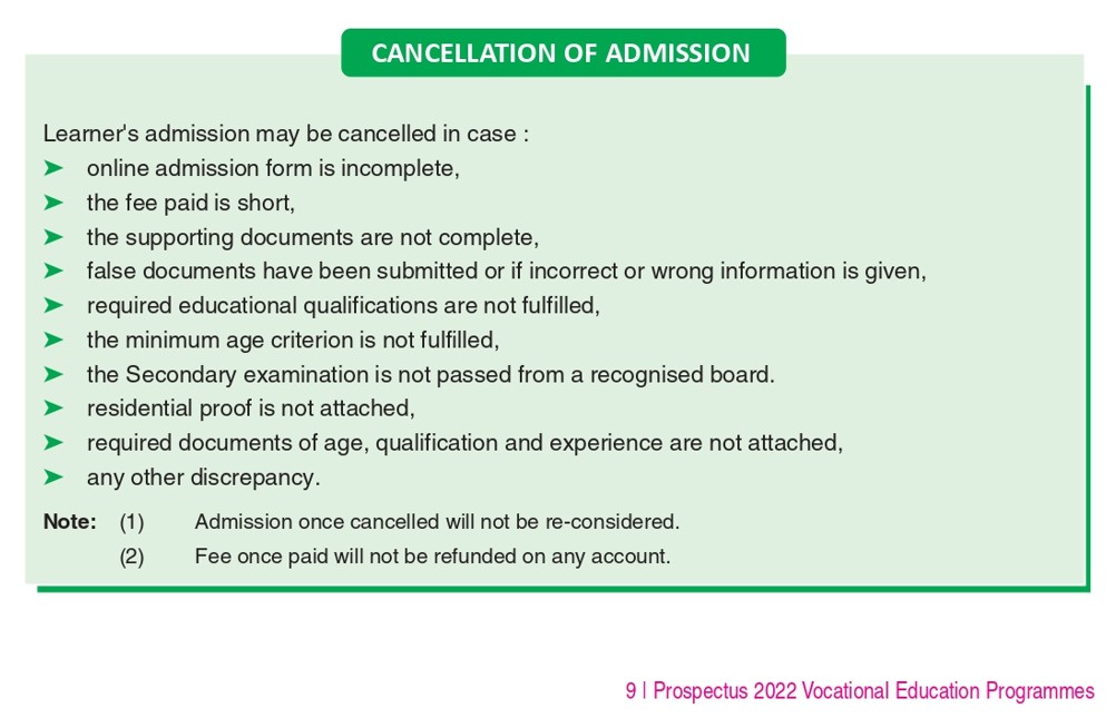Eligibility Cancellation of Admission Confirmation of Admission ...