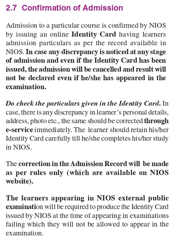 Eligibility Cancellation of Admission Confirmation of Admission ...
